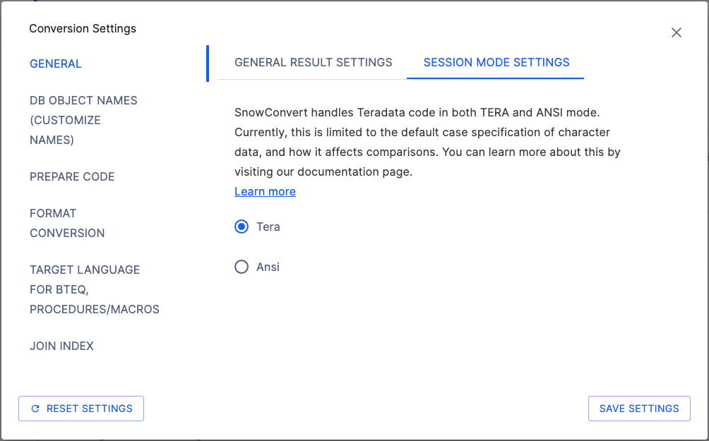 SnowConvert AI - Teradata Conversion Settings | Snowflake Documentation